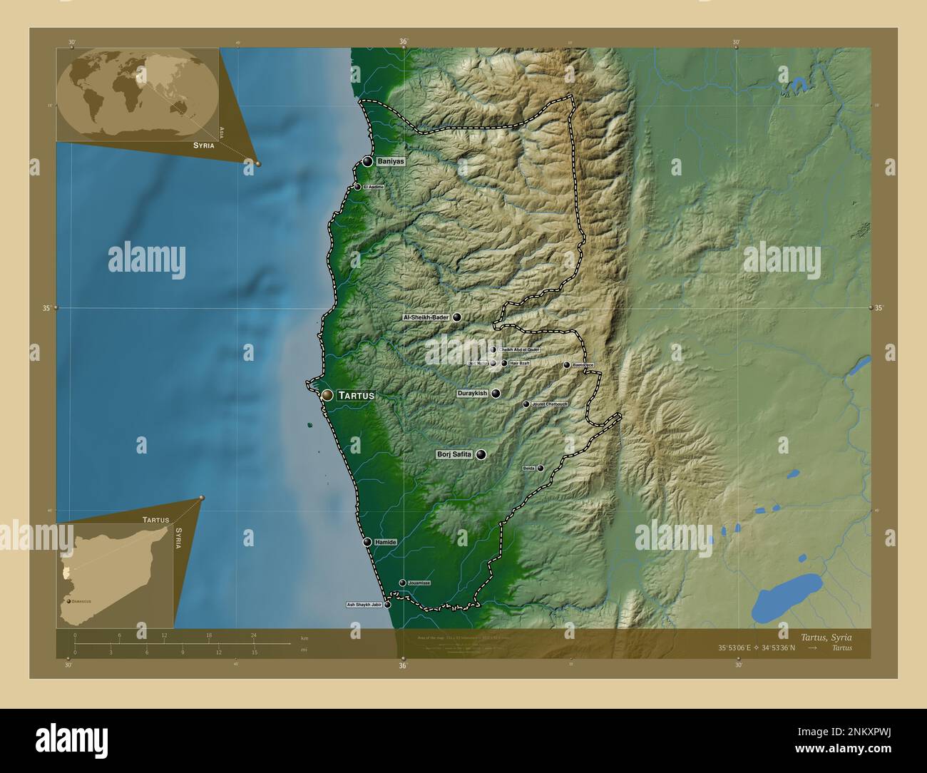 Tartus, province of Syria. Colored elevation map with lakes and rivers ...