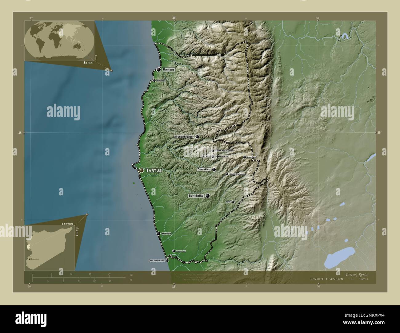 Tartus, province of Syria. Elevation map colored in wiki style with ...