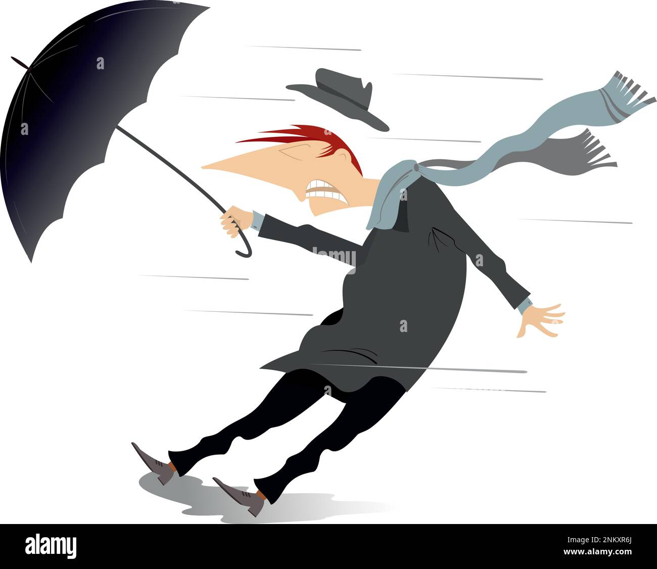 Man, umbrella and windy and rainy day. Funny man with umbrella staying ...