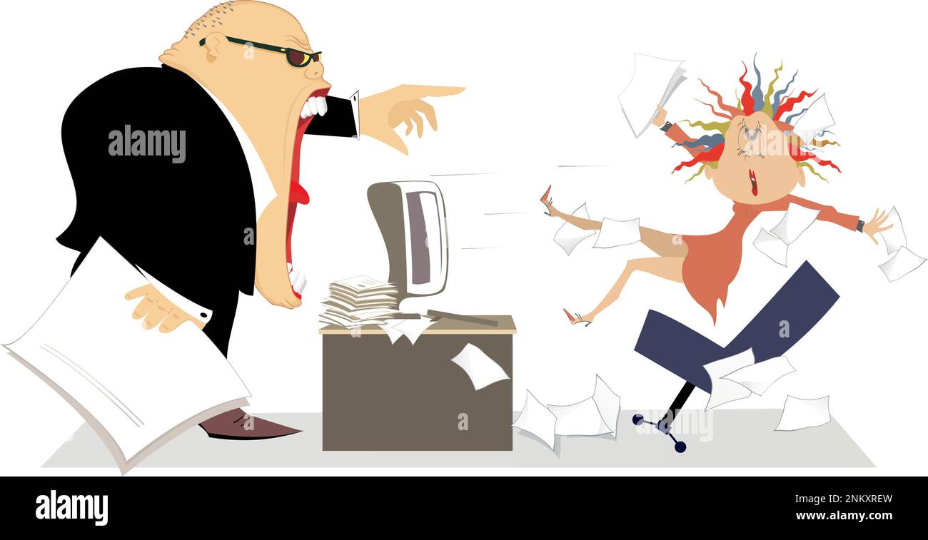 Angry boss and employee woman. Angry chief scolds his frightened ...