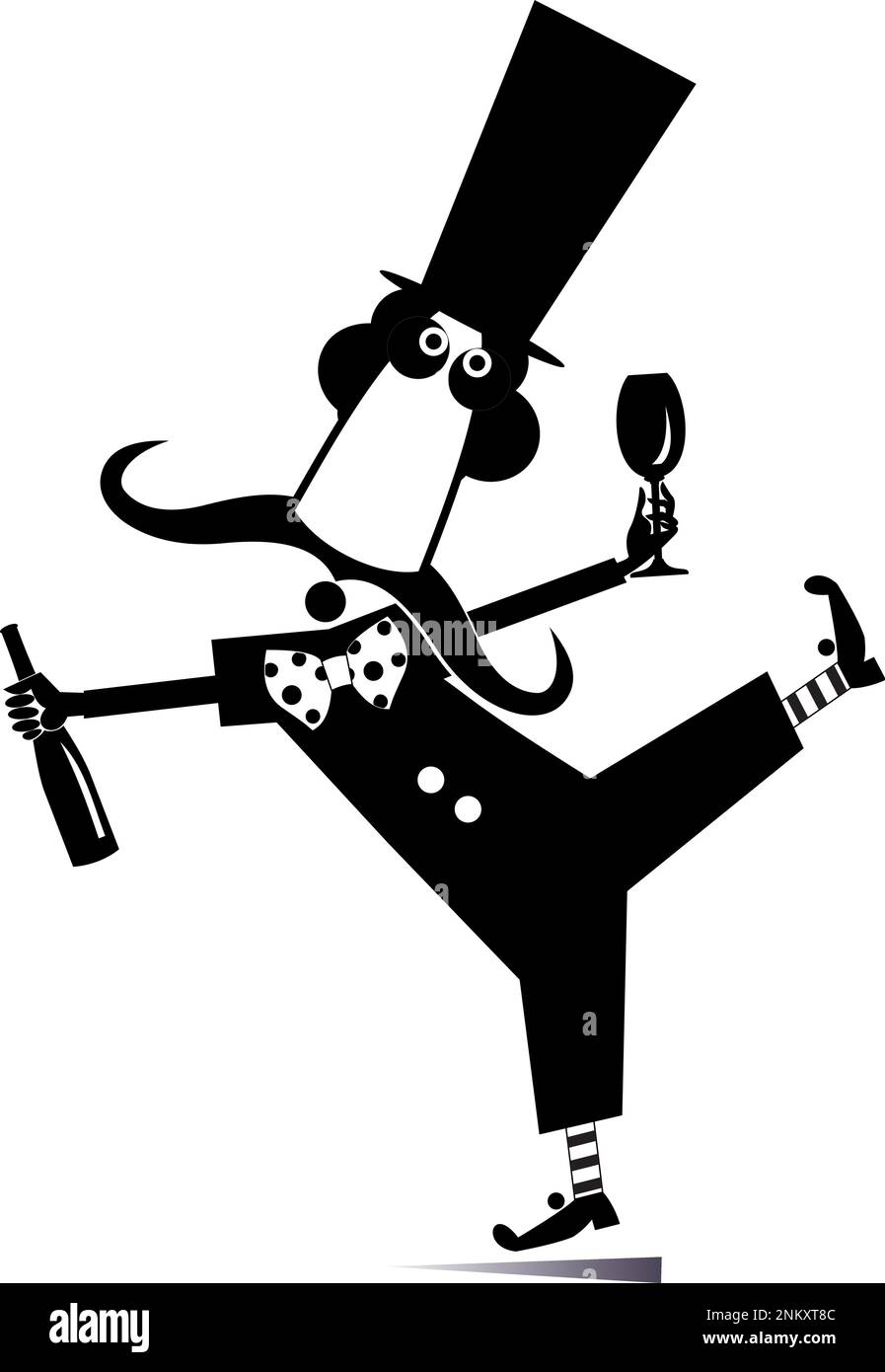 Dancing long mustache man in the top hat with bottle of wine and footed ...