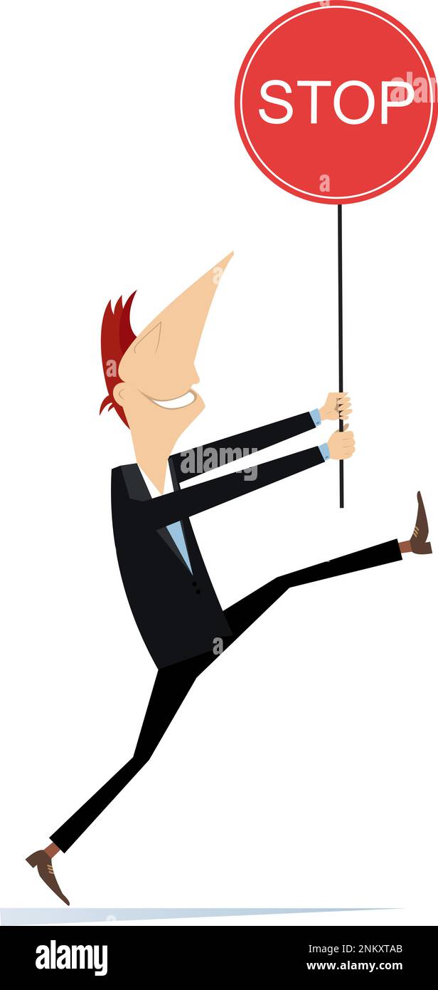 Walking man holding banner stop. Cartoon man holding a banner with stop ...