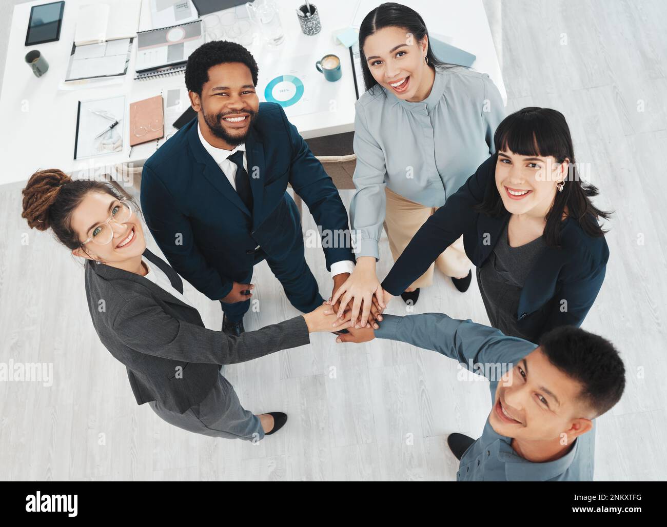 Collaboration, portrait and hands of business people in support of ...