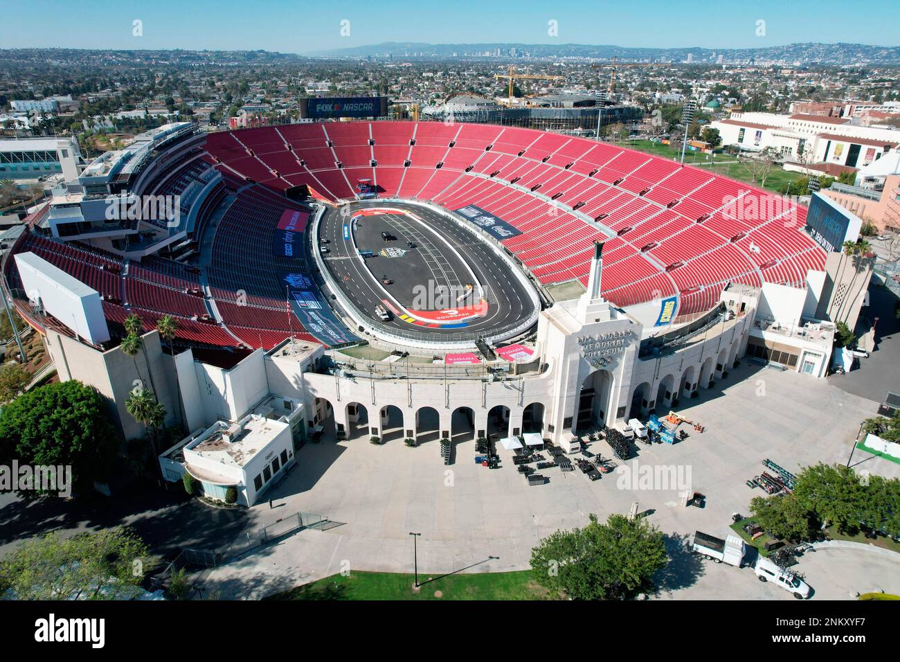 An aerial view of the temporary asphalt racetrack at the Los Angeles ...