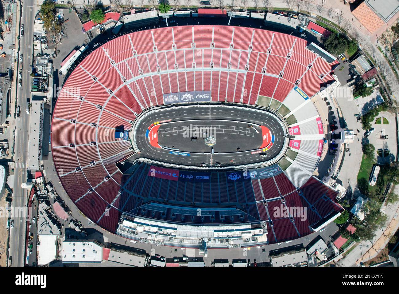 An aerial view of the temporary asphalt racetrack at the Los Angeles ...