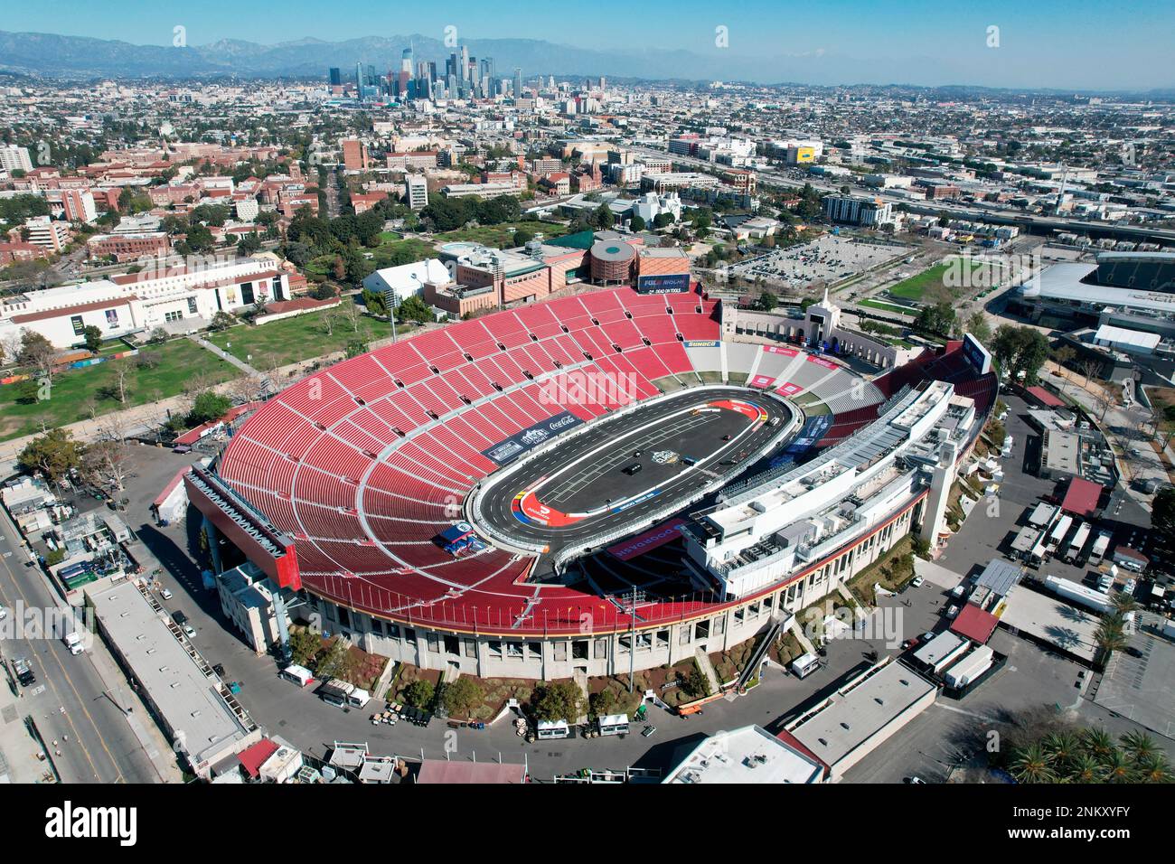 An aerial view of the temporary asphalt racetrack at the Los Angeles Memorial Coliseum for the ...