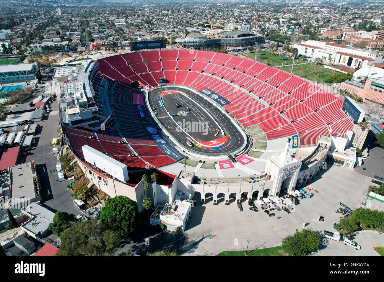 An aerial view of the temporary asphalt racetrack at the Los Angeles ...