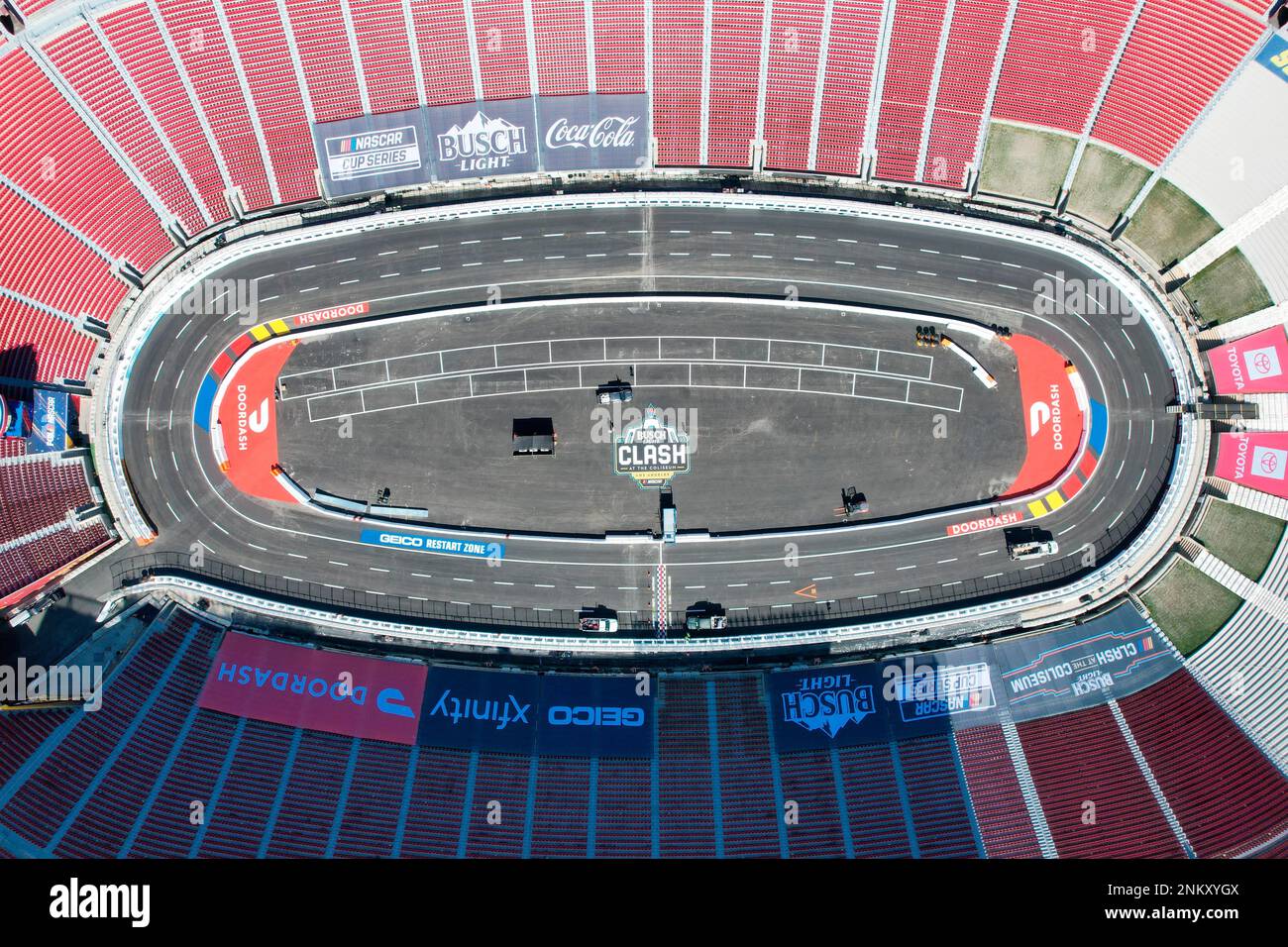 An aerial view of the temporary asphalt racetrack at the Los Angeles ...