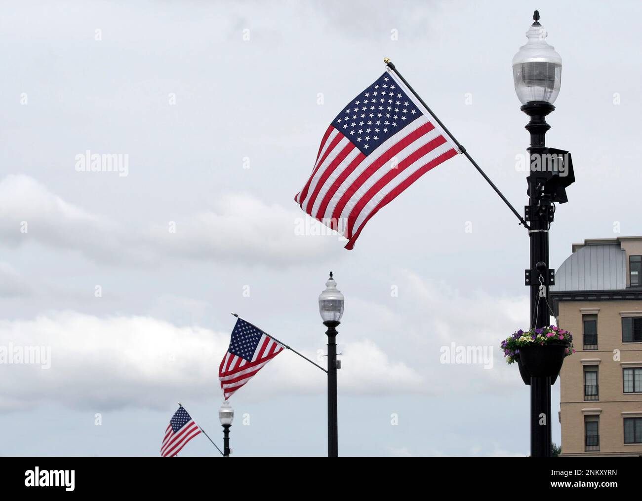 US Flags on The Lamp posts in Carmel, Indiana, USA Stock Photo - Alamy