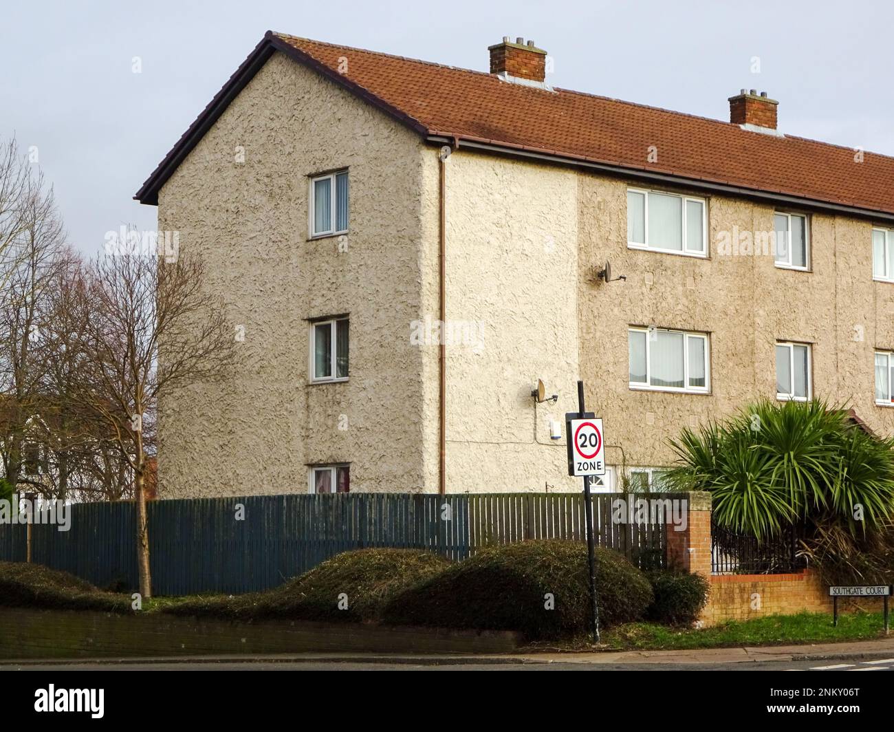 A landscape of a typical building on a gloomy day in Longbenton, the UK ...