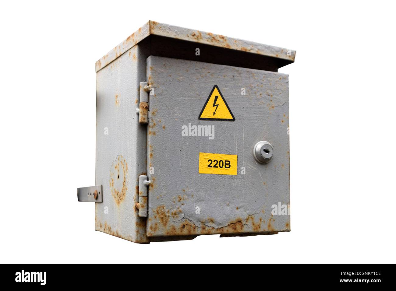 Rusty municipal electrical grey outdoor cabinet with lock and hazard ...