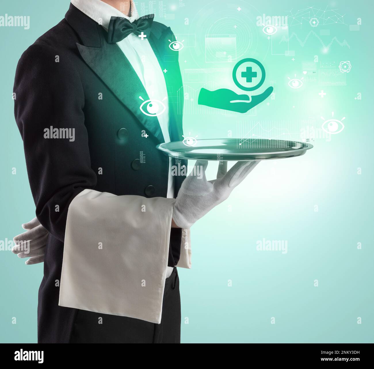 Handsome young waiter in tuxedo holding healthcare icons on tray Stock ...