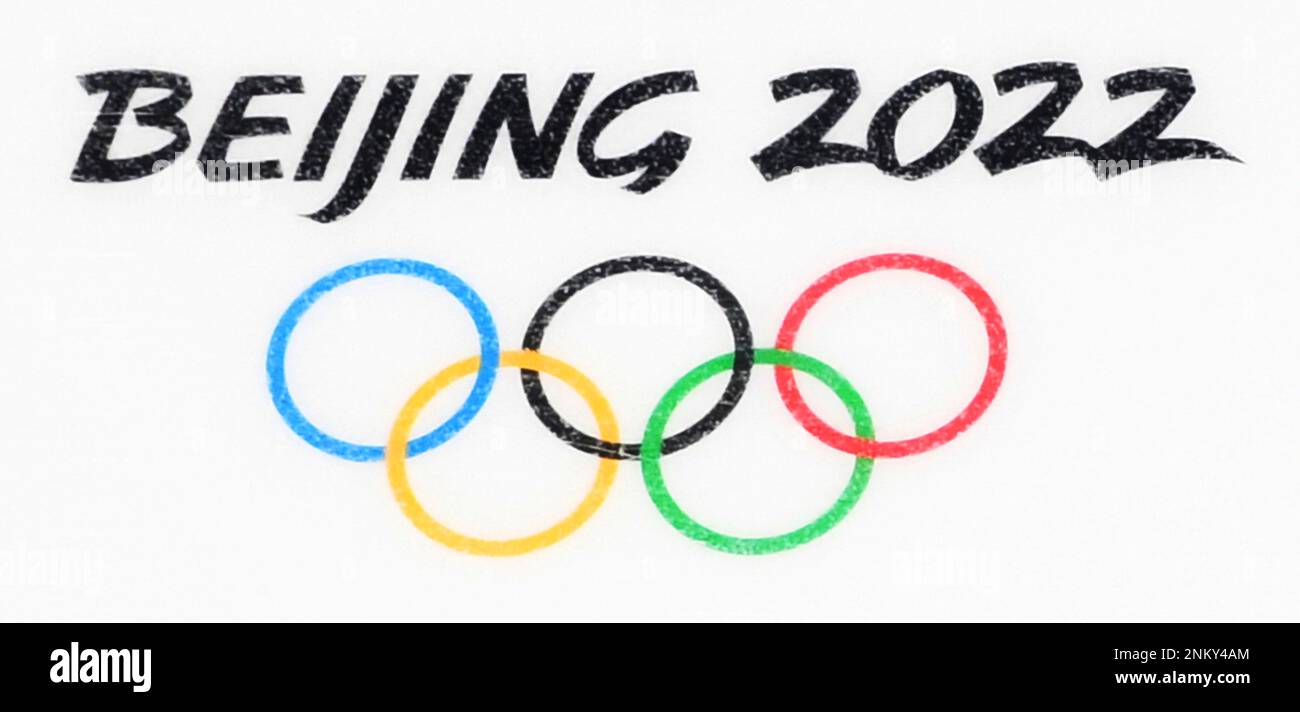 The five rings Olympic symbol mark is seen on the ice rink for speed ...