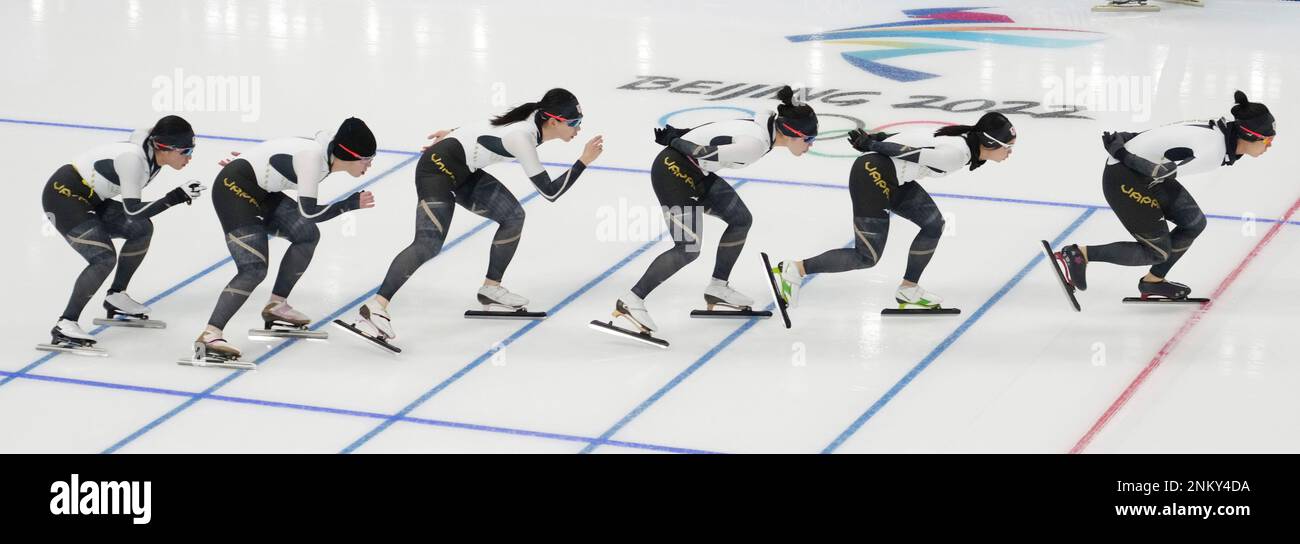 Japanese speed skaters take part in a practice at the National Speed ...