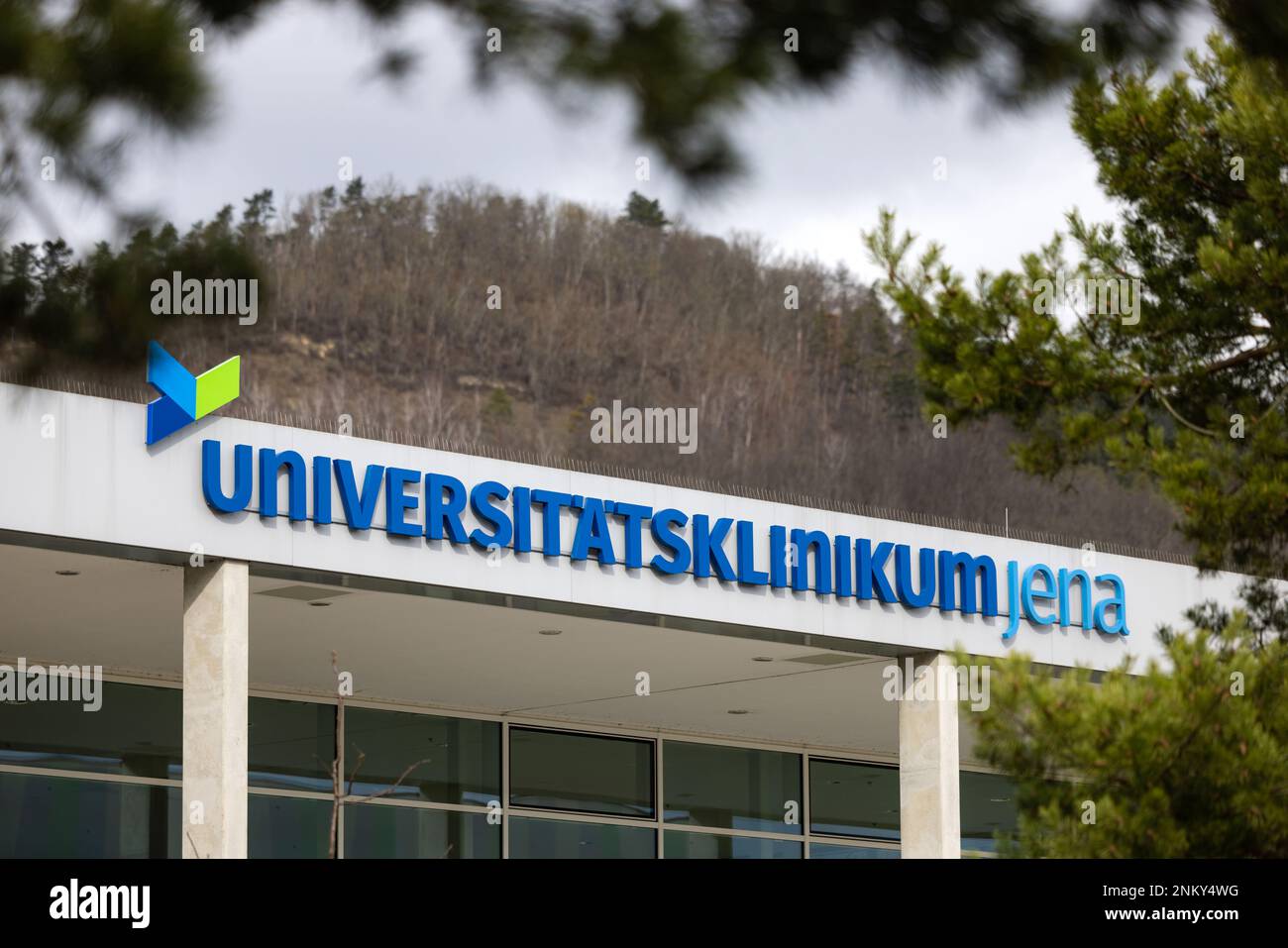 Jena, Germany. 24th Feb, 2023. "Jena University Hospital" is written ...