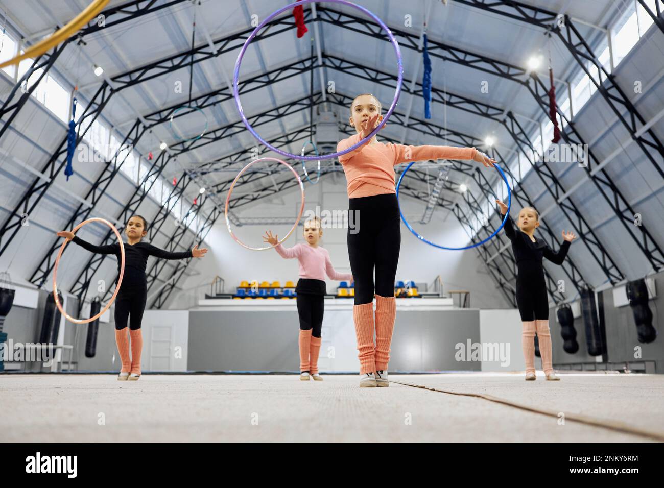 Competition preparation. Little girls, children, rhythmic gymnasts ...