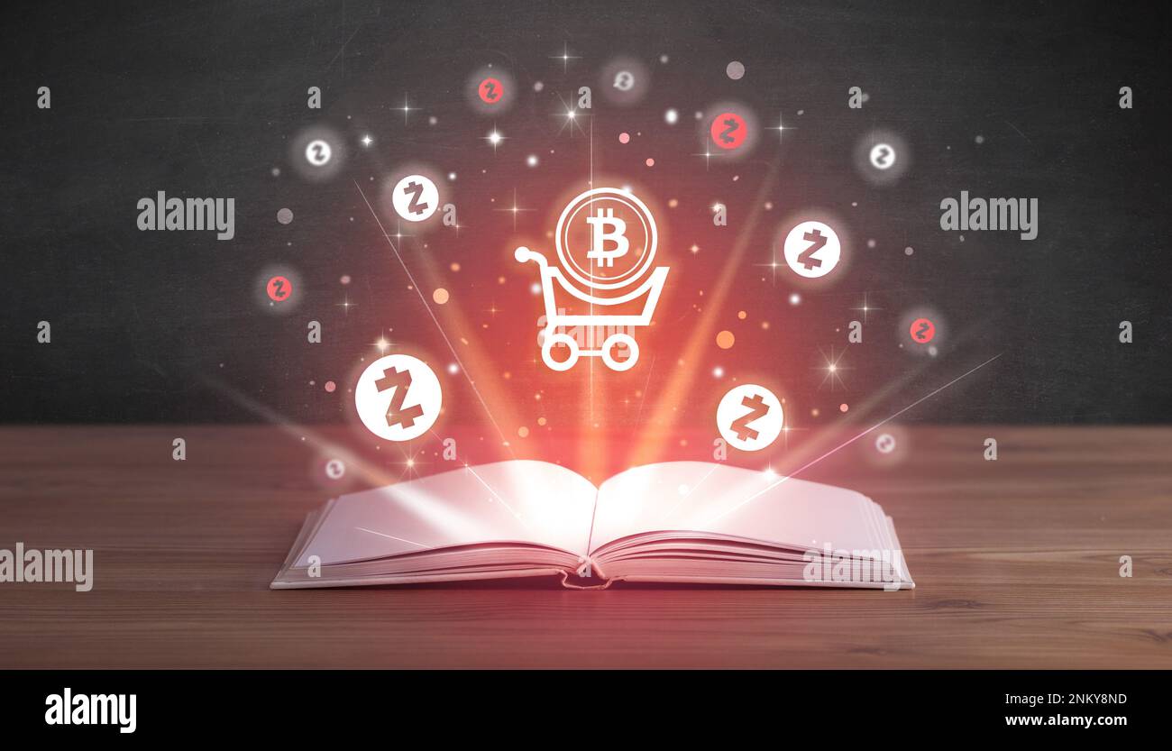 Open book with currency icons above Stock Photo - Alamy