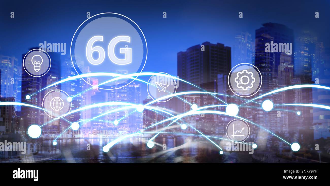 6G network wireless system. Beautiful cityscape and network connection ...