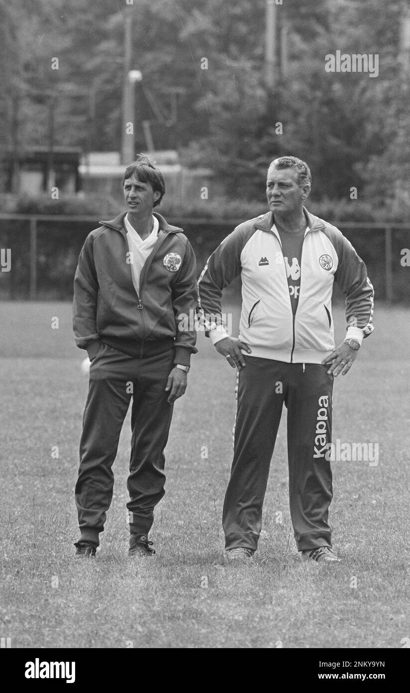 First Ajax training new season; Johan Cruijff (l) and Cor van der Hart ...