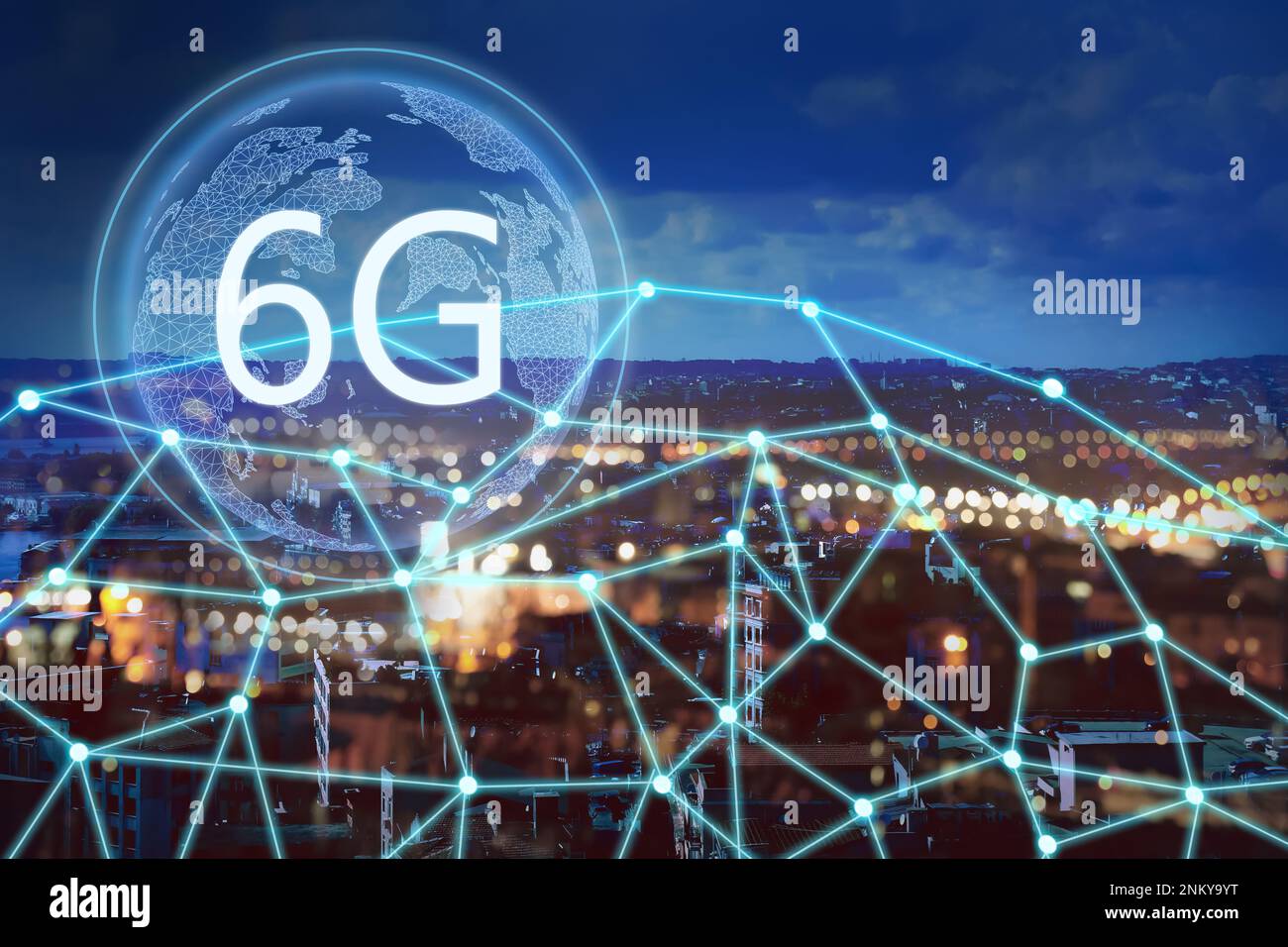 6G network wireless system. Beautiful cityscape and network connection ...