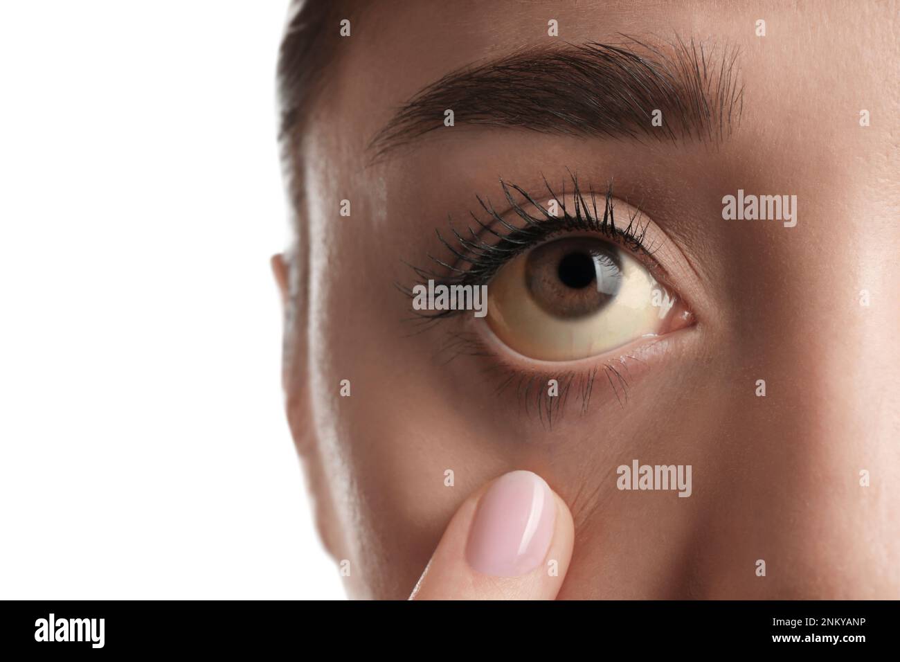 Woman checking her health condition on white background, closeup ...