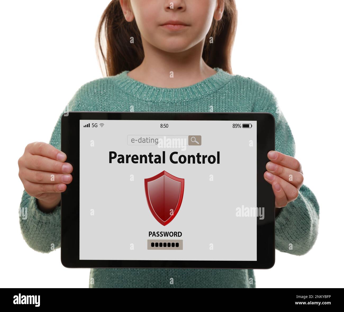 Child holding tablet with installed parental control app on white ...
