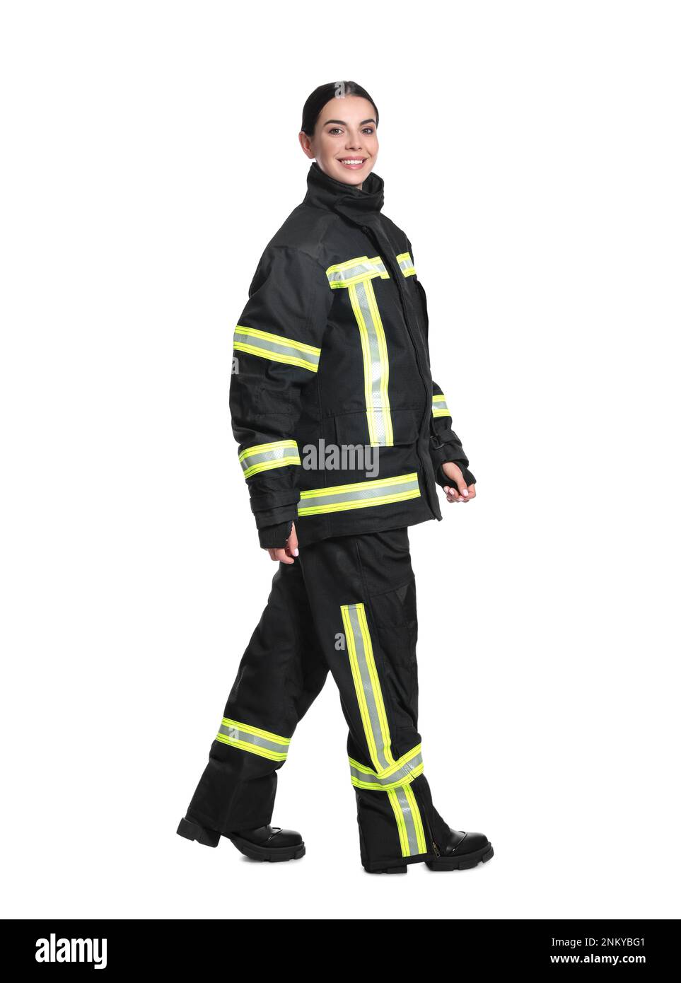 Full length portrait of firefighter in uniform on white background ...