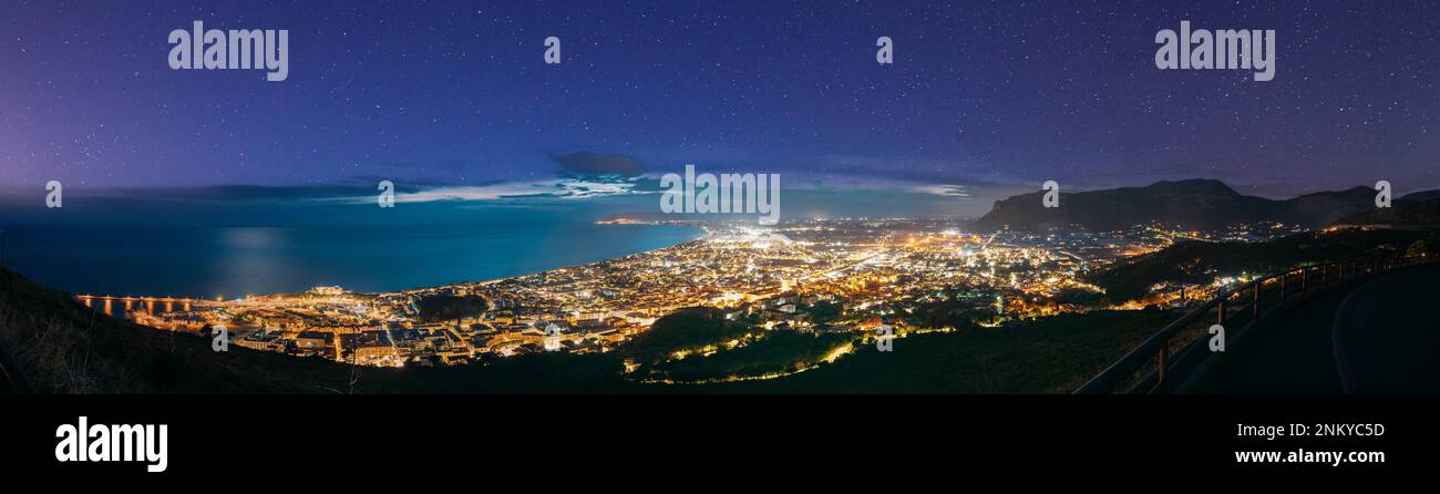 Terracina, Italy. Top View Skyline Cityscape City In Evening Night ...