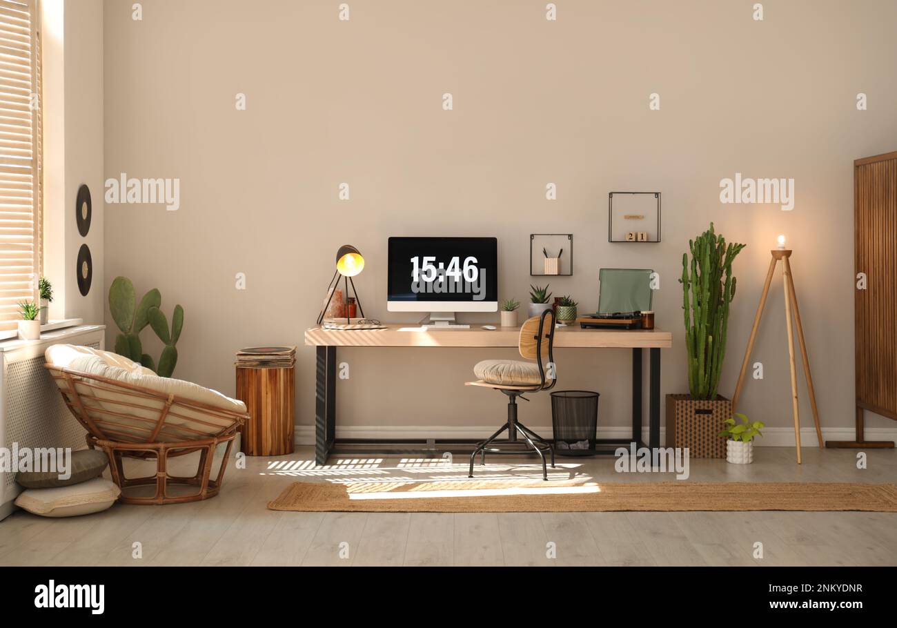 Room interior with comfortable workplace. Modern computer on wooden ...