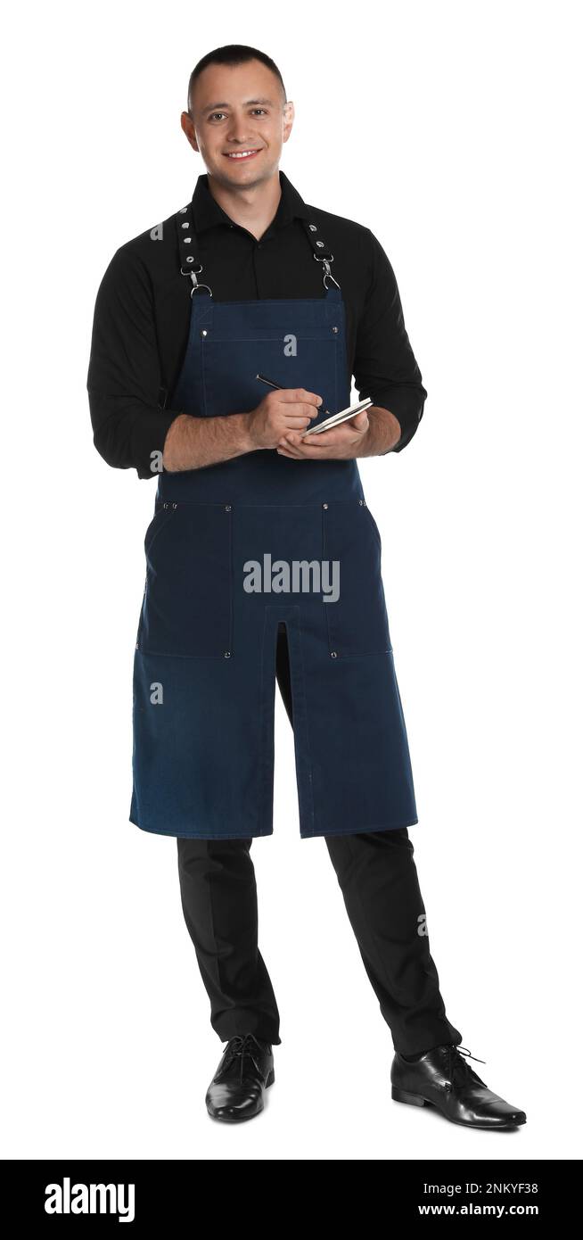 Full length portrait of happy young waiter with notebook on white ...