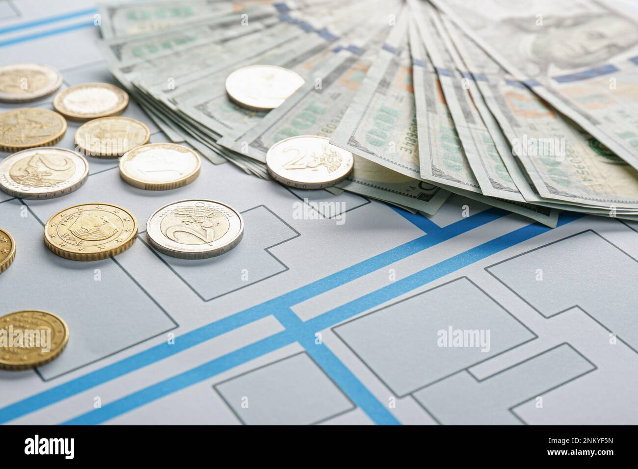 Money on cadastral map of territory with buildings, closeup Stock Photo ...