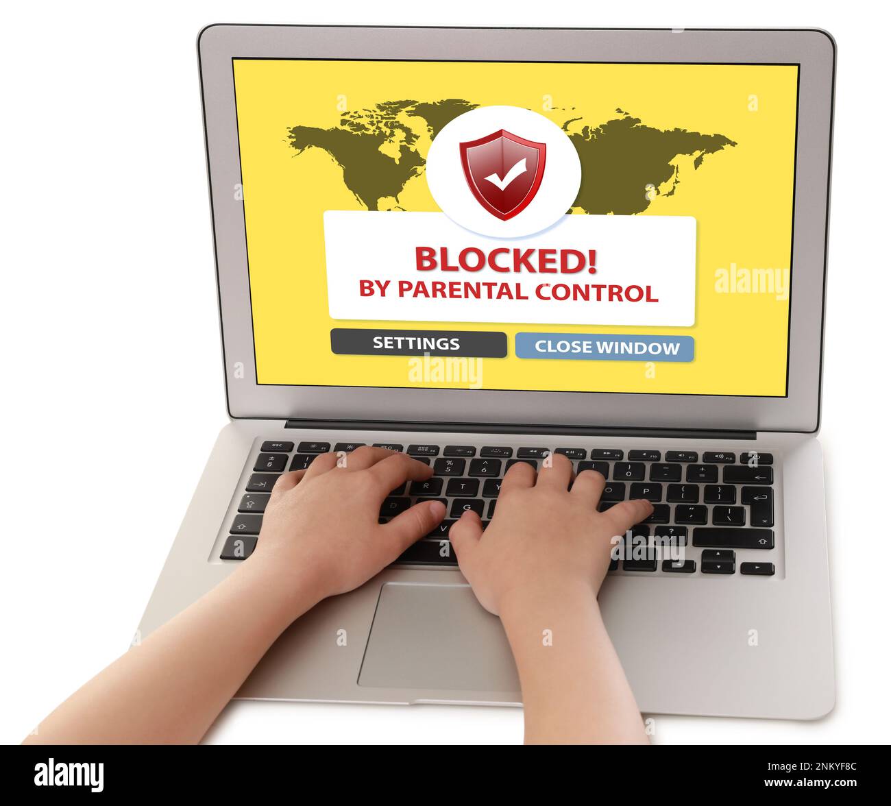 Child using laptop with installed parental control app on white ...