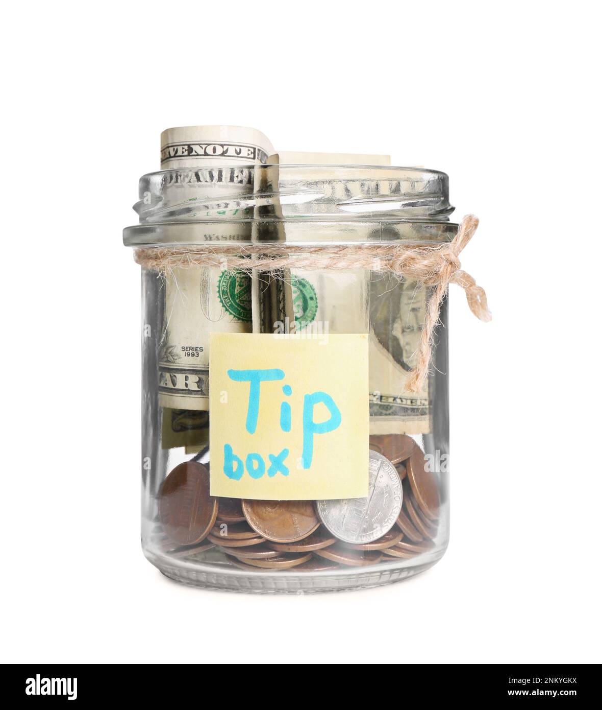 Glass jar with tips isolated on white Stock Photo - Alamy