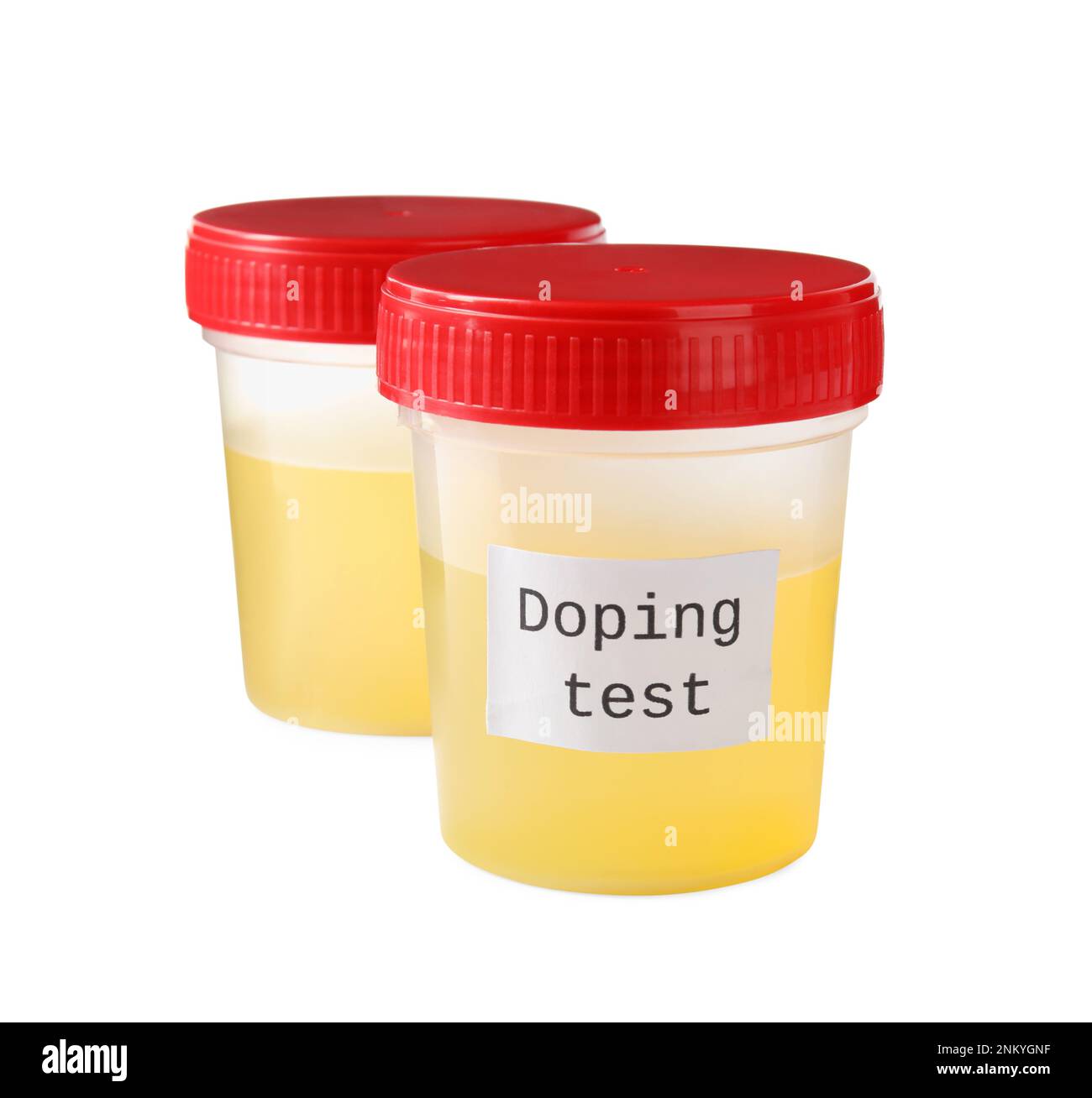 Jars of urine with words Doping test isolated on white Stock Photo - Alamy