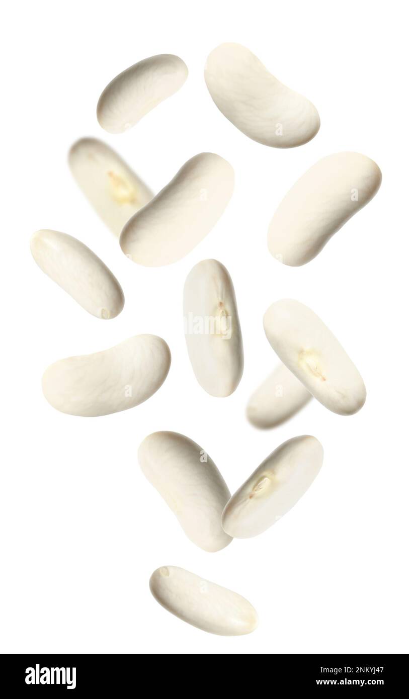 Many beans falling on white background, vertical banner design. Vegan ...