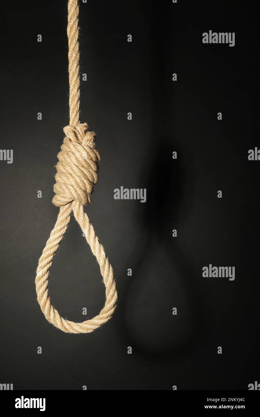 Rope noose with knot on black background, space for text Stock Photo ...