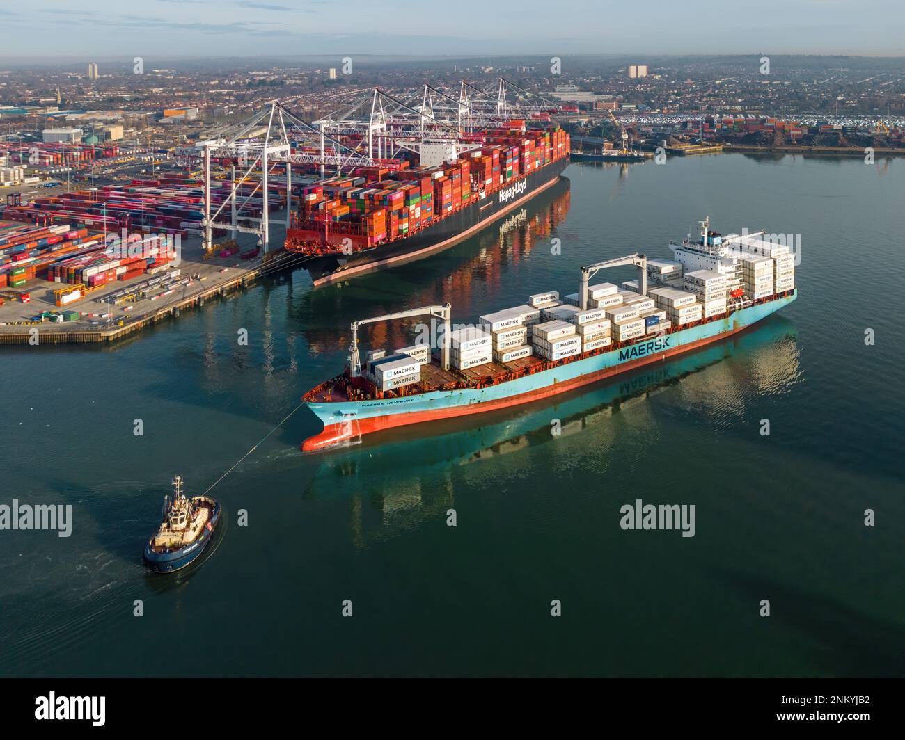 Aerial view of container ship loading operations at the Port of ...