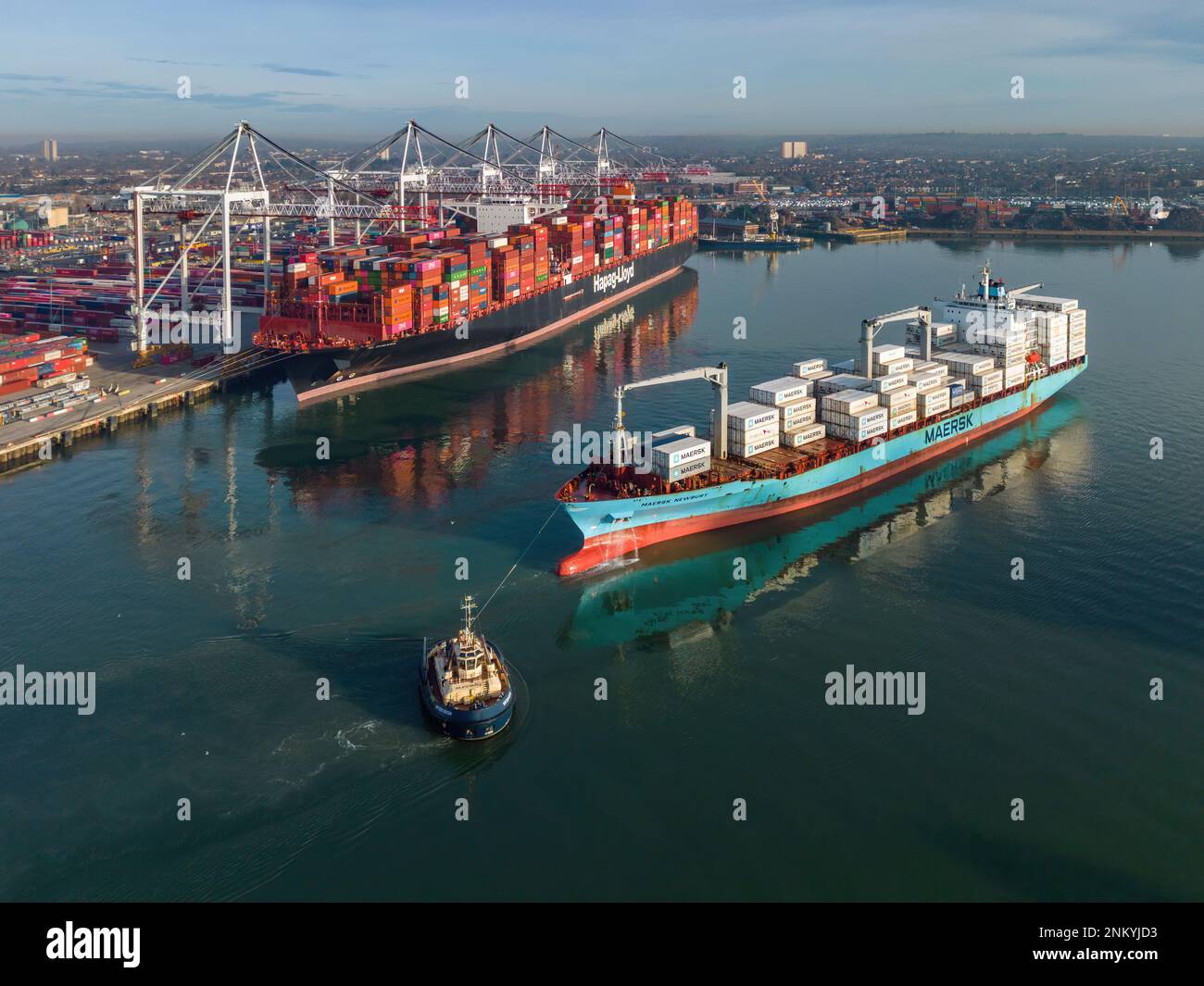 Aerial view of container ship loading operations at the Port of ...