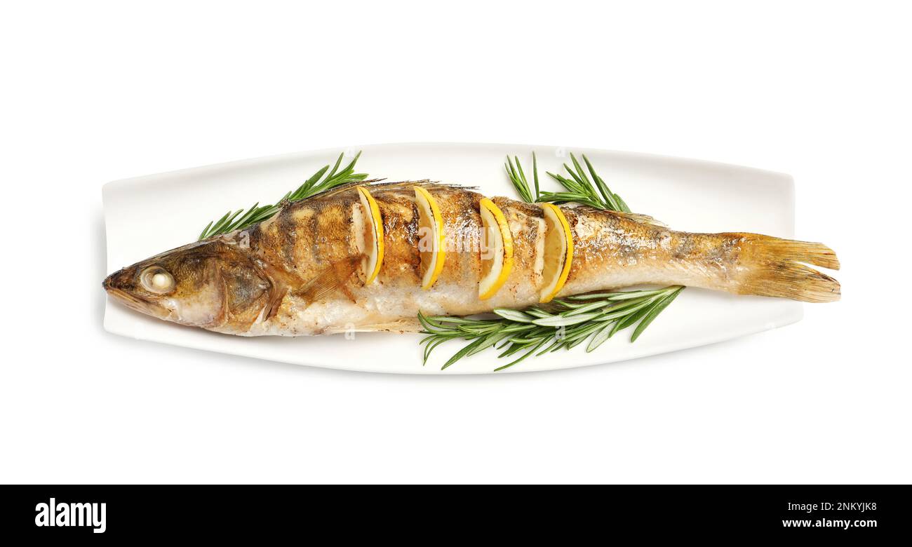 Tasty homemade roasted pike perch with rosemary on white background ...