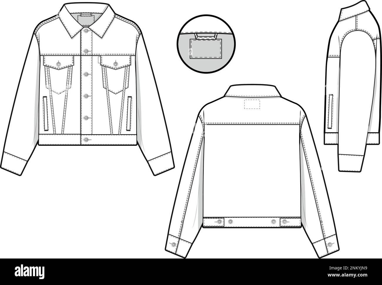 Men unisex cropped denim jean jacket trucker vector flat technical ...