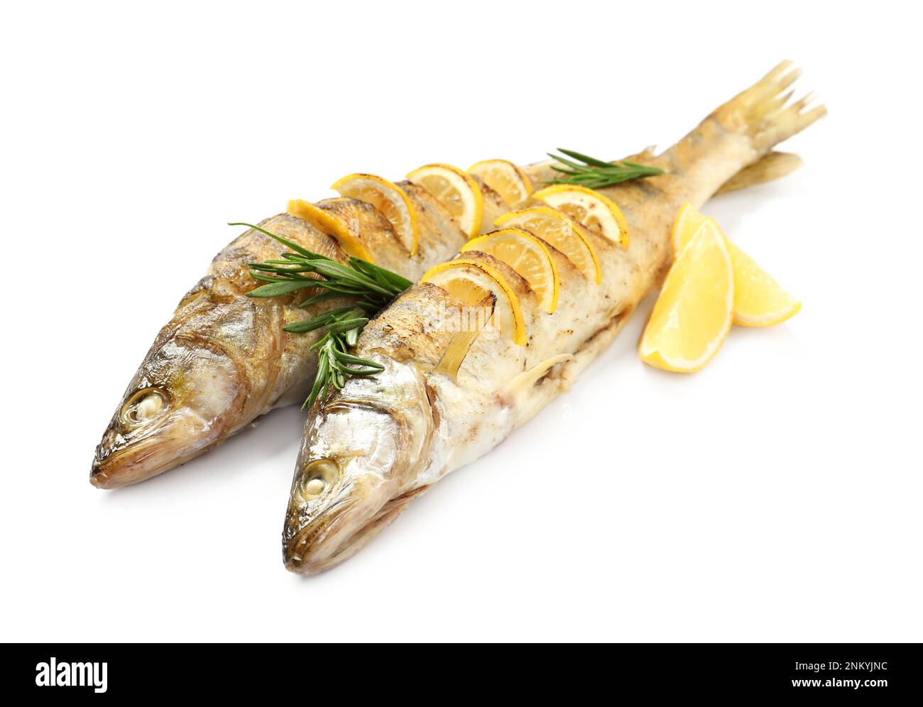 Tasty homemade roasted pike perches with rosemary and lemon on white ...