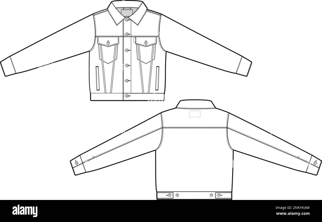 Men unisex cropped denim jean jacket trucker vector flat technical ...