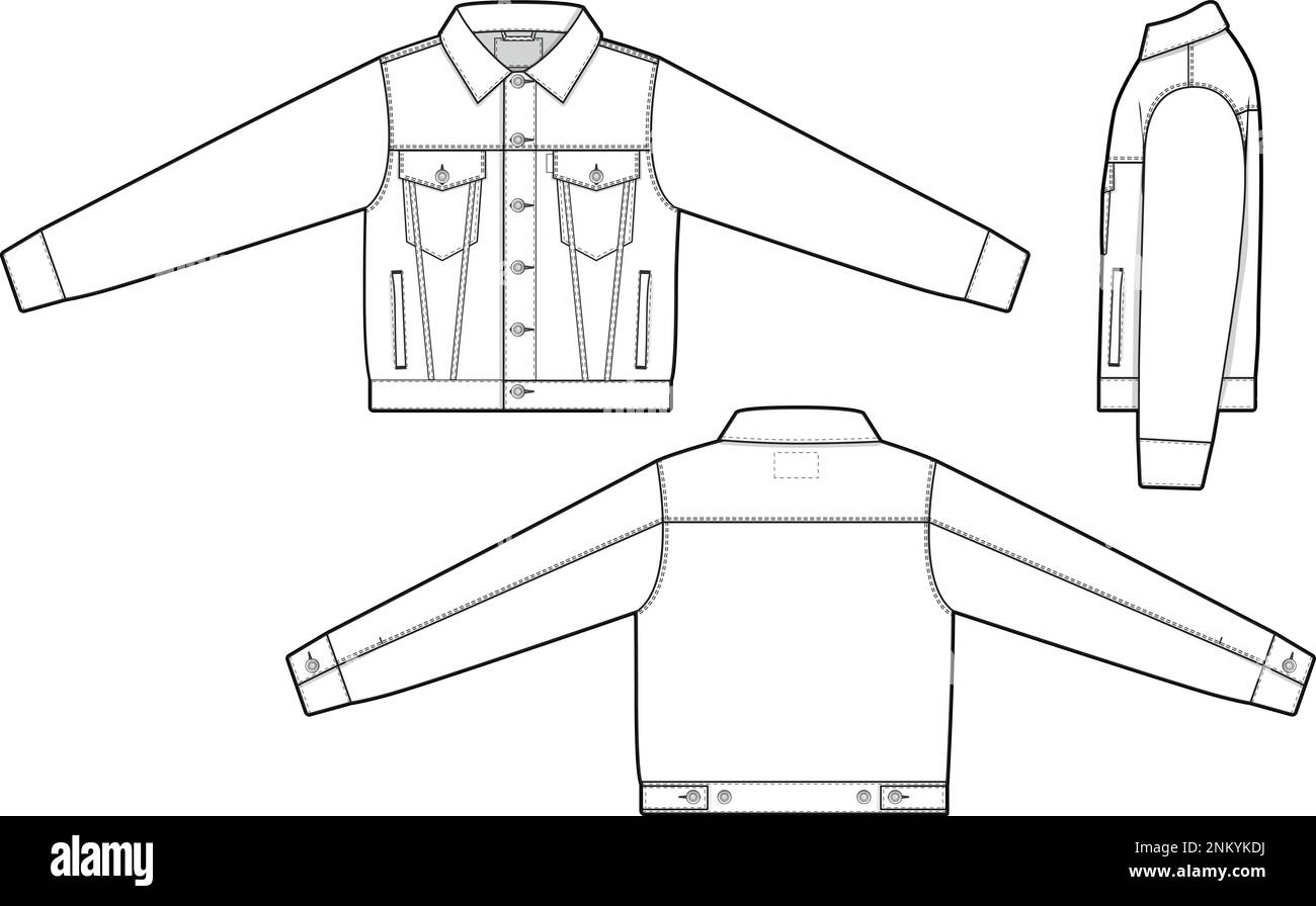 Men unisex cropped denim jean jacket trucker vector flat technical ...