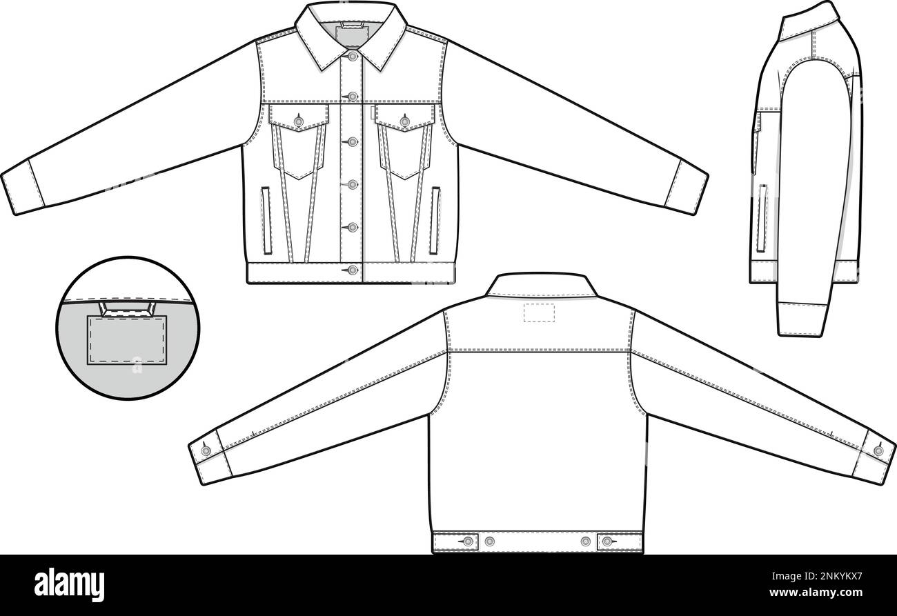 Women cropped denim jean jacket trucker vector flat technical drawing ...