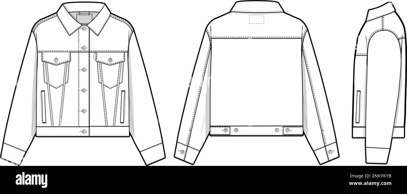 Women cropped denim jean jacket trucker vector flat technical drawing ...