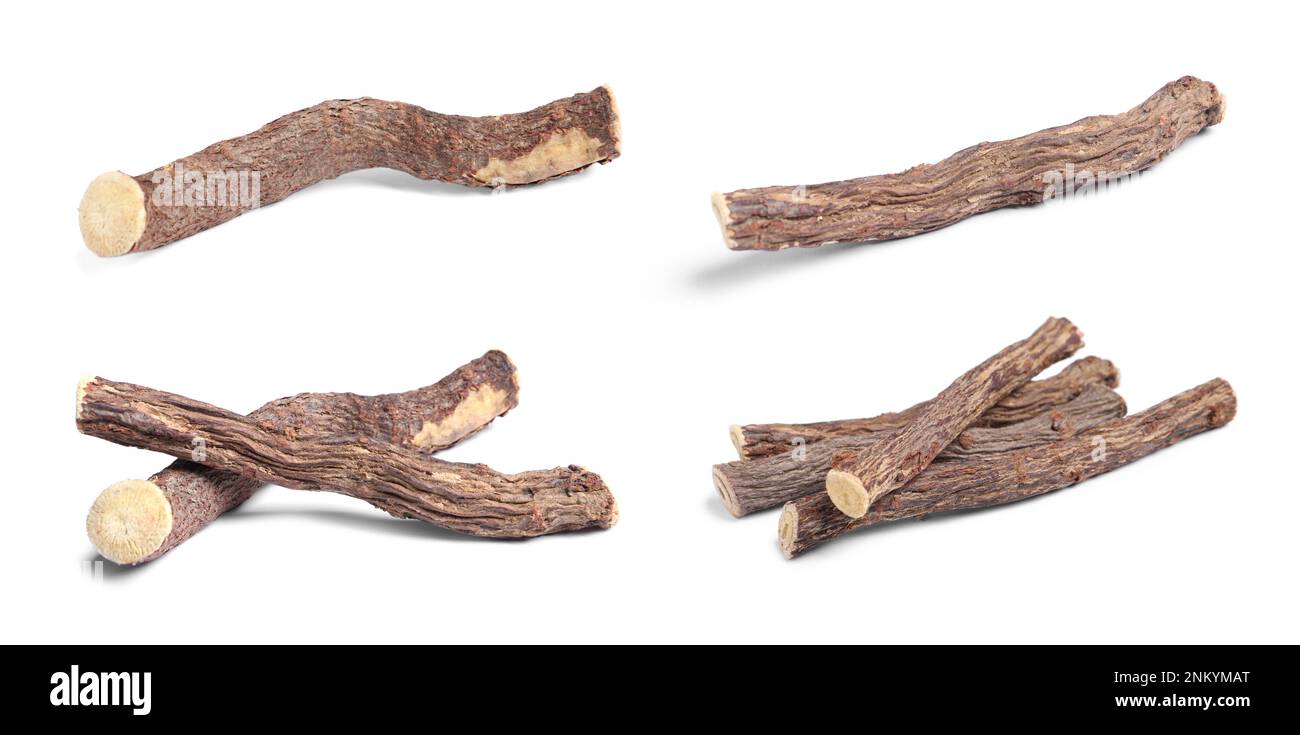 Set with dried sticks of liquorice root on white background. Banner ...