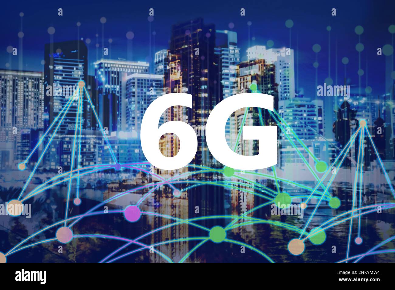 6G network wireless system. Beautiful cityscape and network connection ...