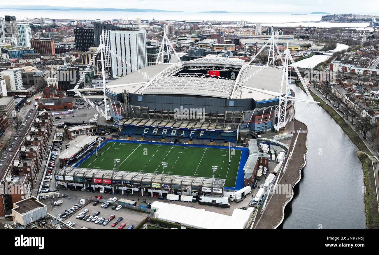 A view taken from a drone of Cardiff Arms Park and the Principality ...