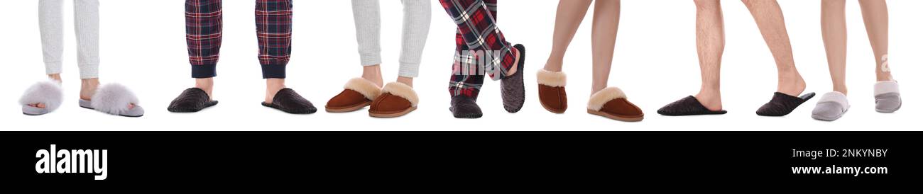 Collage with photos of people wearing stylish slippers on white ...