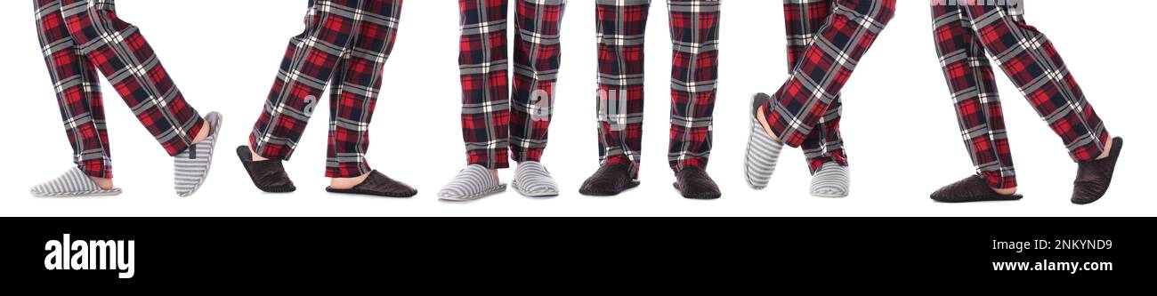 Collage with photos of men wearing stylish slippers on white background ...